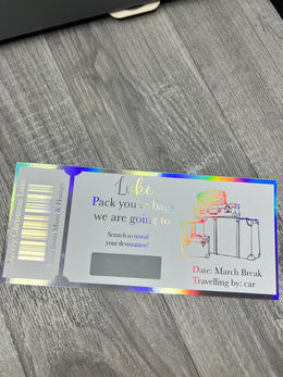 Personalised surprise holiday scratch card, ticket, boarding pass ...